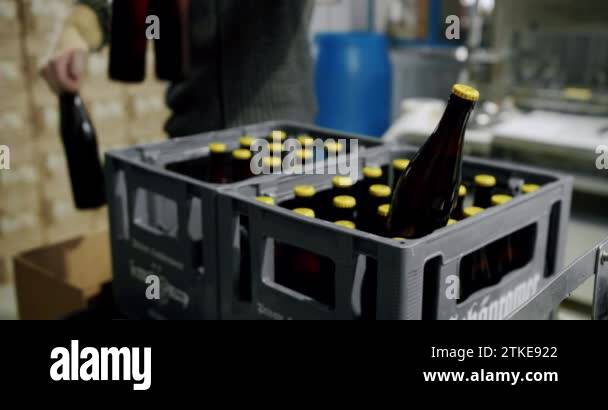 Plastic crates full of freshly brewed beer bottles on a factory ...