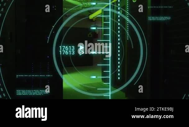 Animation of data processing and scope scanning over server room. Global business, security and ...