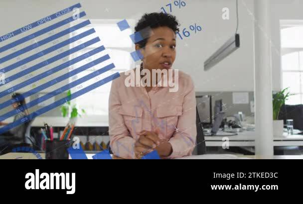 Animation of infographic interface over biracial woman taking and ...