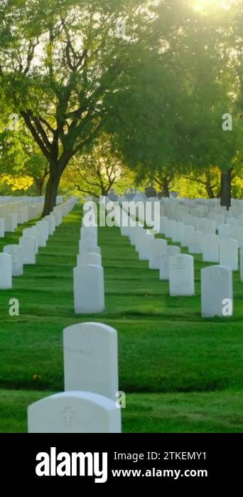 Field of American flags at Sunset. Flags on grave stones for memorial ...