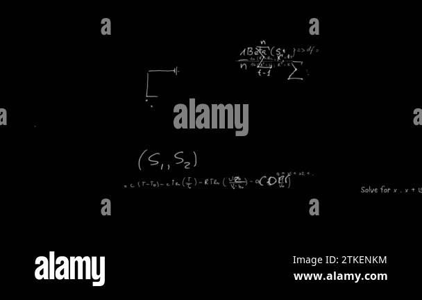 Animation of mathematical equations and diagrams floating against black ...