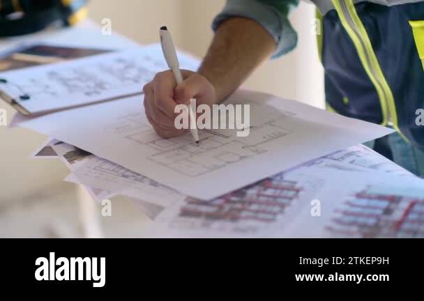 Experienced architect correcting interior project drawings of apartment ...