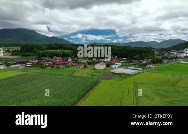 Green rice fields by country roads and rural village in mountains of ...