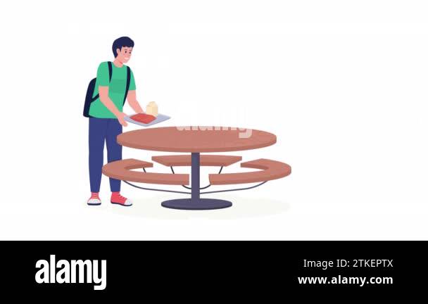 Animated choosing table for lunch. School cafeteria. Full body flat ...