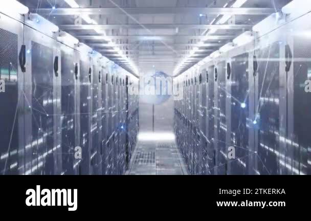 Animation of rotating globe and connected dots over bars on data server racks in server room ...