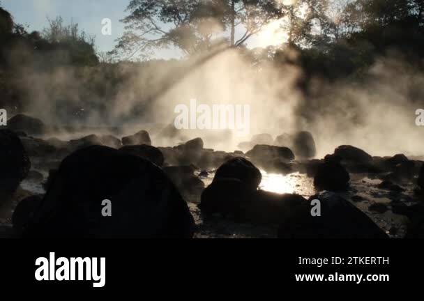 January 8, 2023; Hot springs and fog in Thailand with morning sunlight ...
