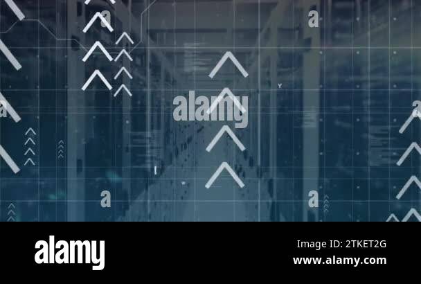 Animation of arrow, computer language, letters over data server room ...