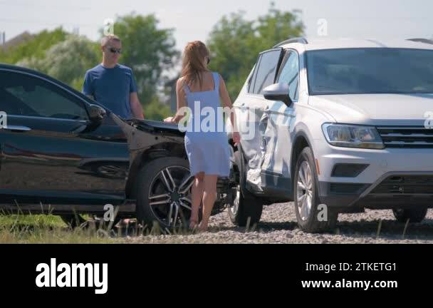 Drivers of smashed vehicles arguing who is guilty in car crash accident ...