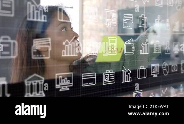 Scrolling media icons over biracial casual businesswoman brainstorming ...