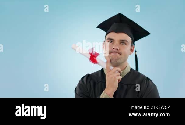 Graduation, man and thinking in studio, ideas and choice with diploma ...