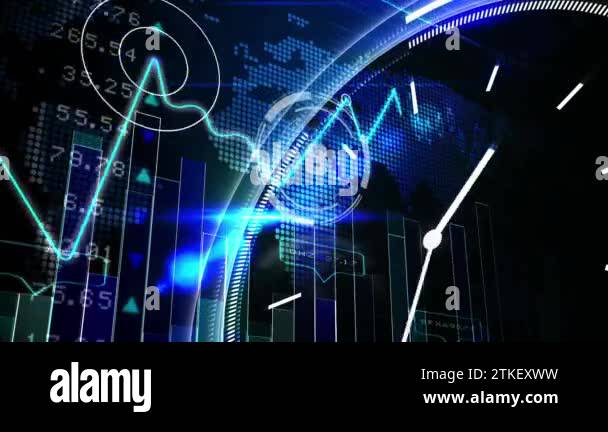 Animation of graphs, numbers and digital clock over map against black ...