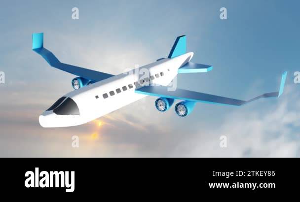 Airplane flying through the sky at sunset cloud following 3D rendered ...