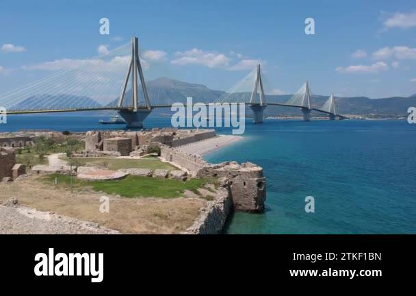 Aerial view of Rio Antirrio or Charilaos Trikoupis Bridge, one of the ...