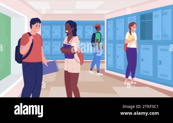 Animated students in school hallway. Classmates talking. Teens putting ...
