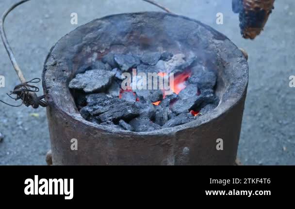 Grilled corn cobs on coal stove.Fresh roasted corncobs on coal fire ...