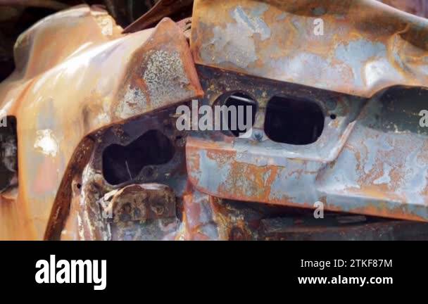 The car was completely destroyed by fire. Abandoned, burnt and rusty ...