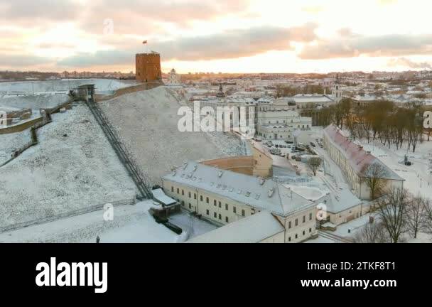 Beautiful Vilnius city panorama in winter with snow covered houses ...