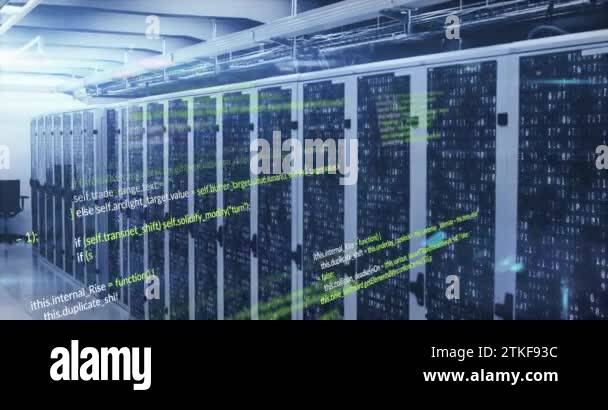 Animation of multicolored computer language over binary codes on data server racks. Digital ...