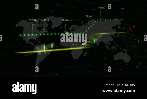 Animation of graphs, numbers and flying missile over map against black background. Digitally ...