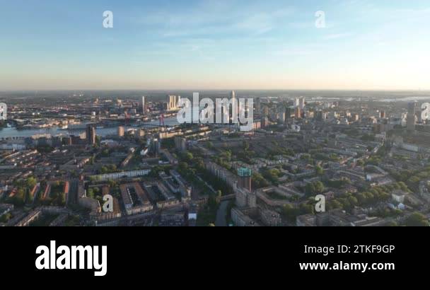 Aerial drone view of the skyline of Rotterdam, De Nieuwe Maas river ...