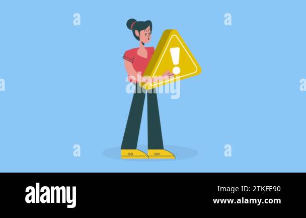 woman lifting alert signal yellow triangle ,4k video animated Stock ...
