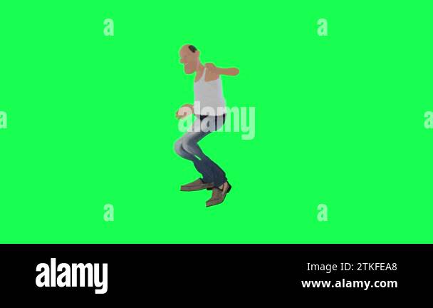 Addicted tall skinny 3d man dancing crazy front angle isolated green ...