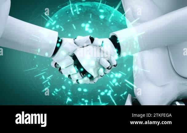 3D rendering hominoid robot handshake to collaborate future technology development by AI ...