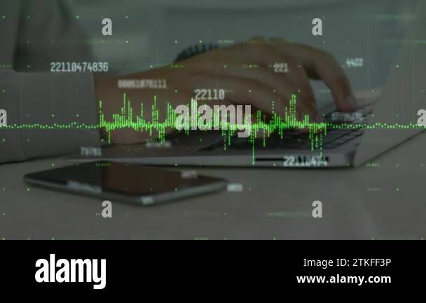 Animation of multiple changing numbers, data processing over mid section of man using a laptop ...