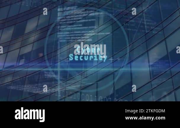 Animation of cyber security text in shield, trading boards and computer ...