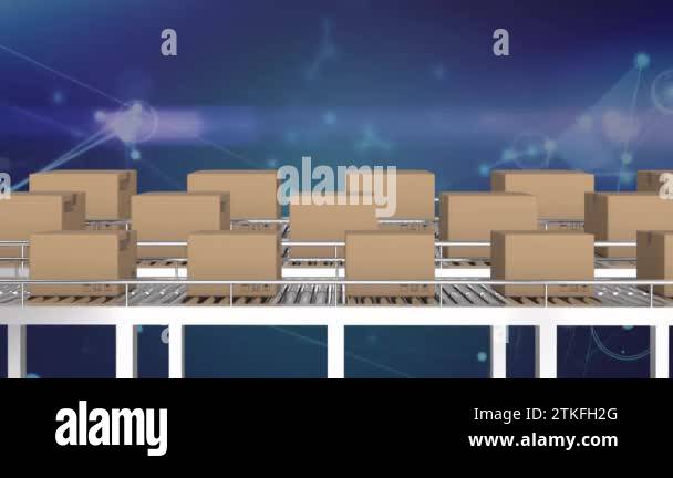 Animation of cardboard boxes moving on conveyor belt over connected ...