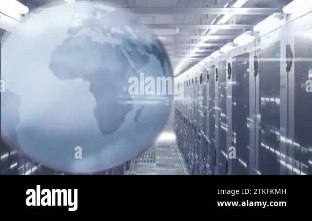Animation of rotating globe over bars on data server systems in server room. Digital composite ...