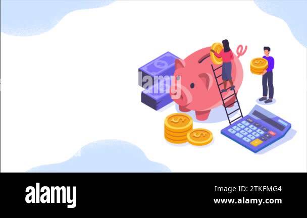 Saving money concept. Moving man and woman throw coins into piggy bank ...