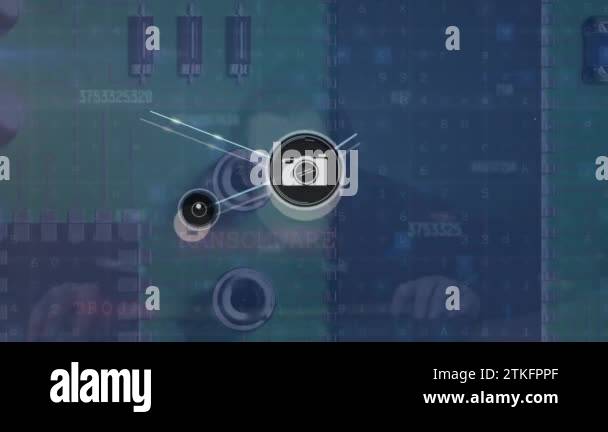 Animation of network of connections with icons and data processing over server room and hacker ...