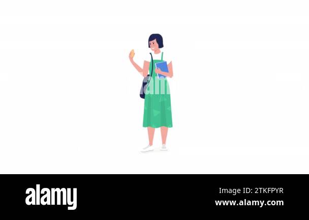 Animated girl eating bread roll. Lunch break. Full body flat person on ...