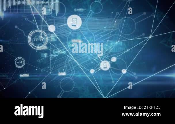 Animation Of Connected Icons And Dots With Lens Flares Binary Codes And Circuit Board Pattern
