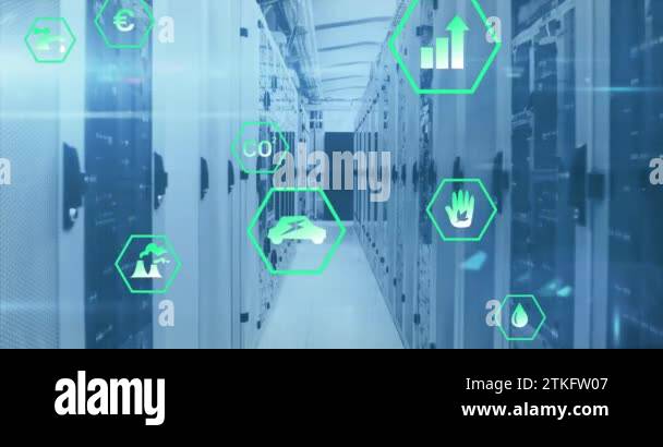 Animation of multiple digital icons, mosaic squares and light spot against computer server room ...