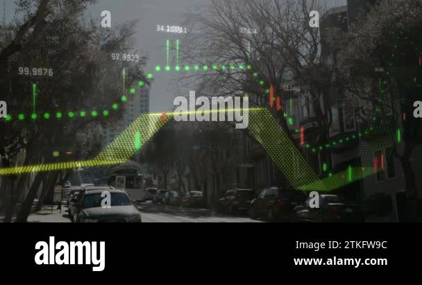 Animation of line graphs with numbers over tram moving on tramway ...