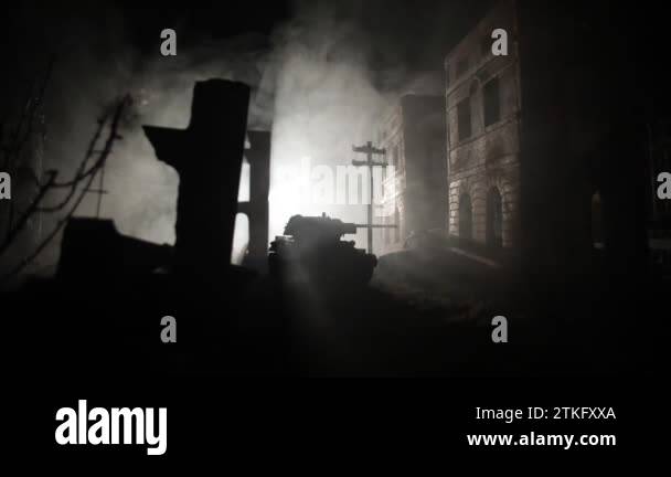 War Concept. Military silhouettes fighting scene on war fog sky ...