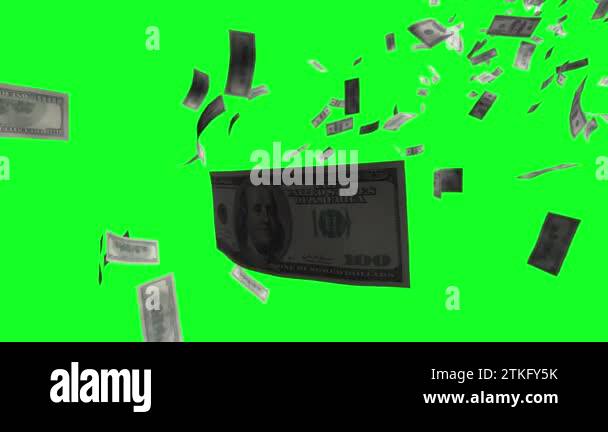 Falling and fly bills of one hundred dollar bills.Green screen chroma ...
