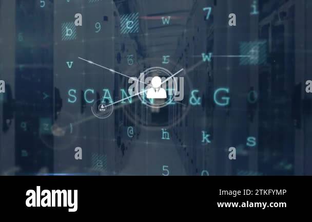 Animation of connected icons and lens flare over texts, numbers ...
