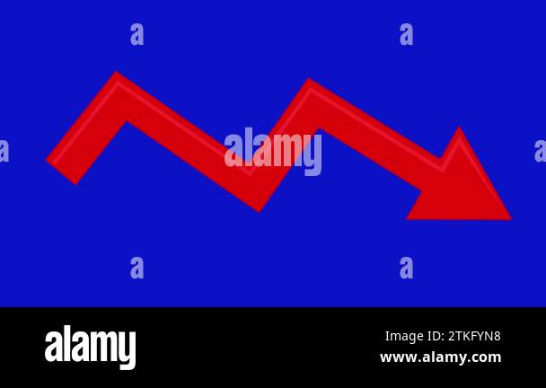 animation of a red arrow with downward trend on a blue chroma key ...