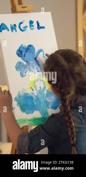 Vertical video. Child art. Creative hobby. Talent inspiration. Little ...