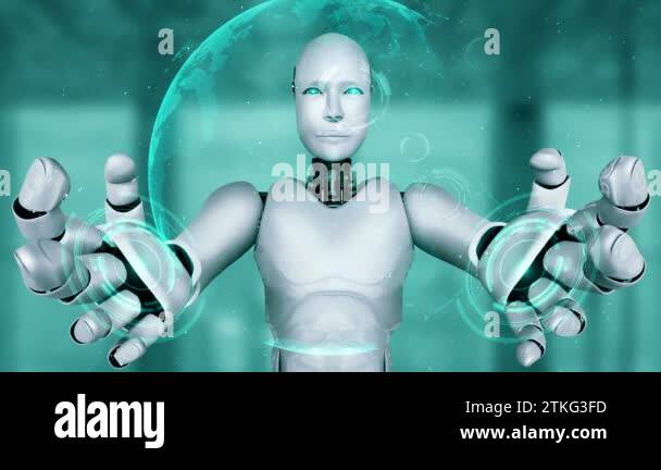 AI hominoid robot holding virtual hologram screen showing concept of ...