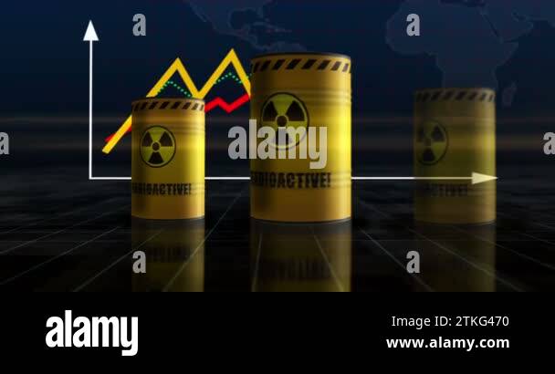 Nuclear radioactive waste barrels on growing chart. Danger radiation ...
