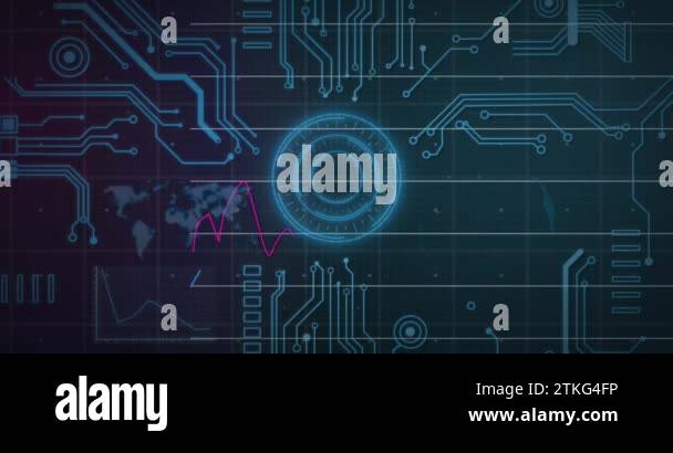 Animation Of Graphs And Circles Over Circuit Board Pattern And Globe
