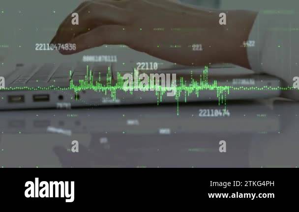 Animation of multiple changing numbers, data processing over mid section of man using a laptop ...
