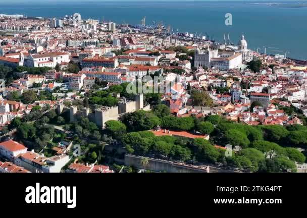 Lisbon City Downtown and Castle, Portugal. Drone Point of View ...