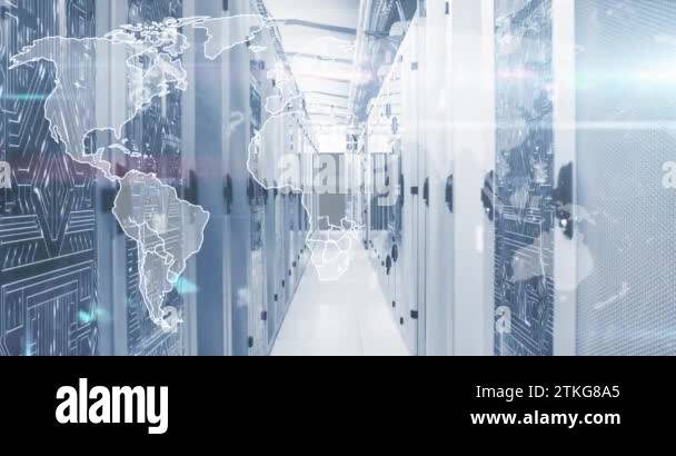 Animation of map, numbers, symbols and map over circuit board pattern in data server racks ...