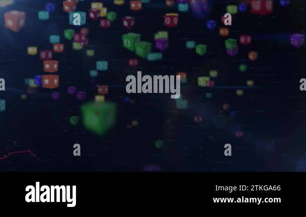 Animation of blue light spot and multiple digital icons floating against black background ...