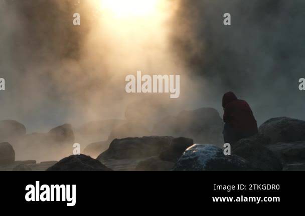 January 8, 2023; Hot springs and fog in Thailand with morning sunlight ...